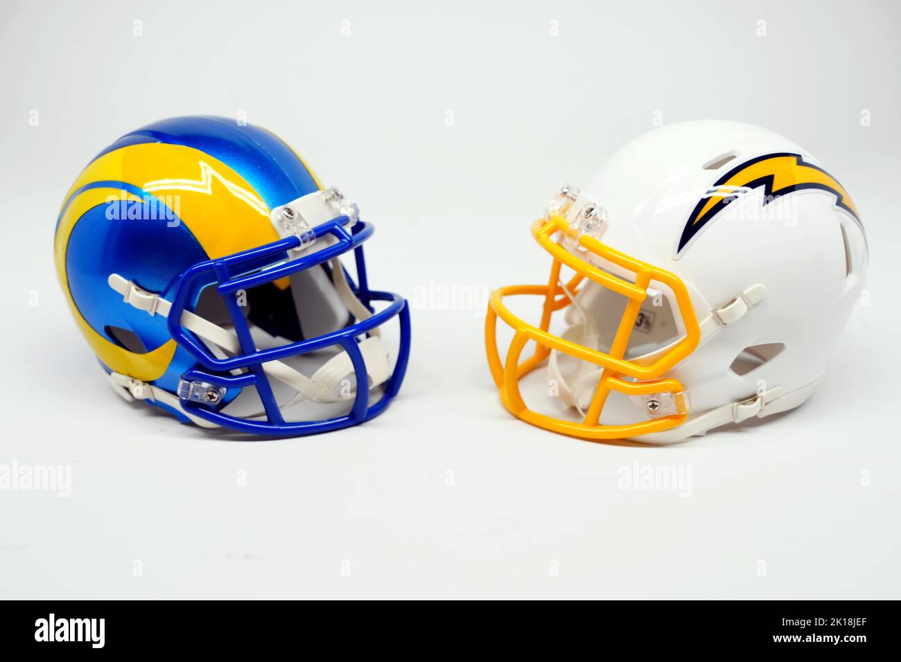 Los Angeles Rams and Los Angeles Chargers helmets, Tuesday, March 22 ...