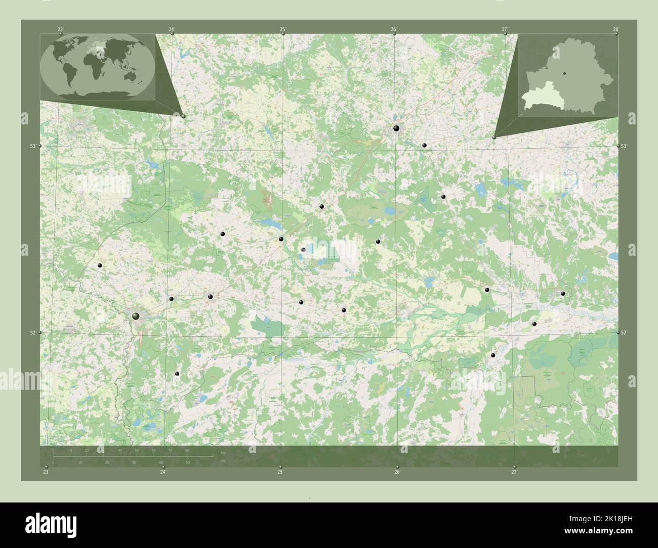 Brest, region of Belarus. Open Street Map. Locations of major cities of ...