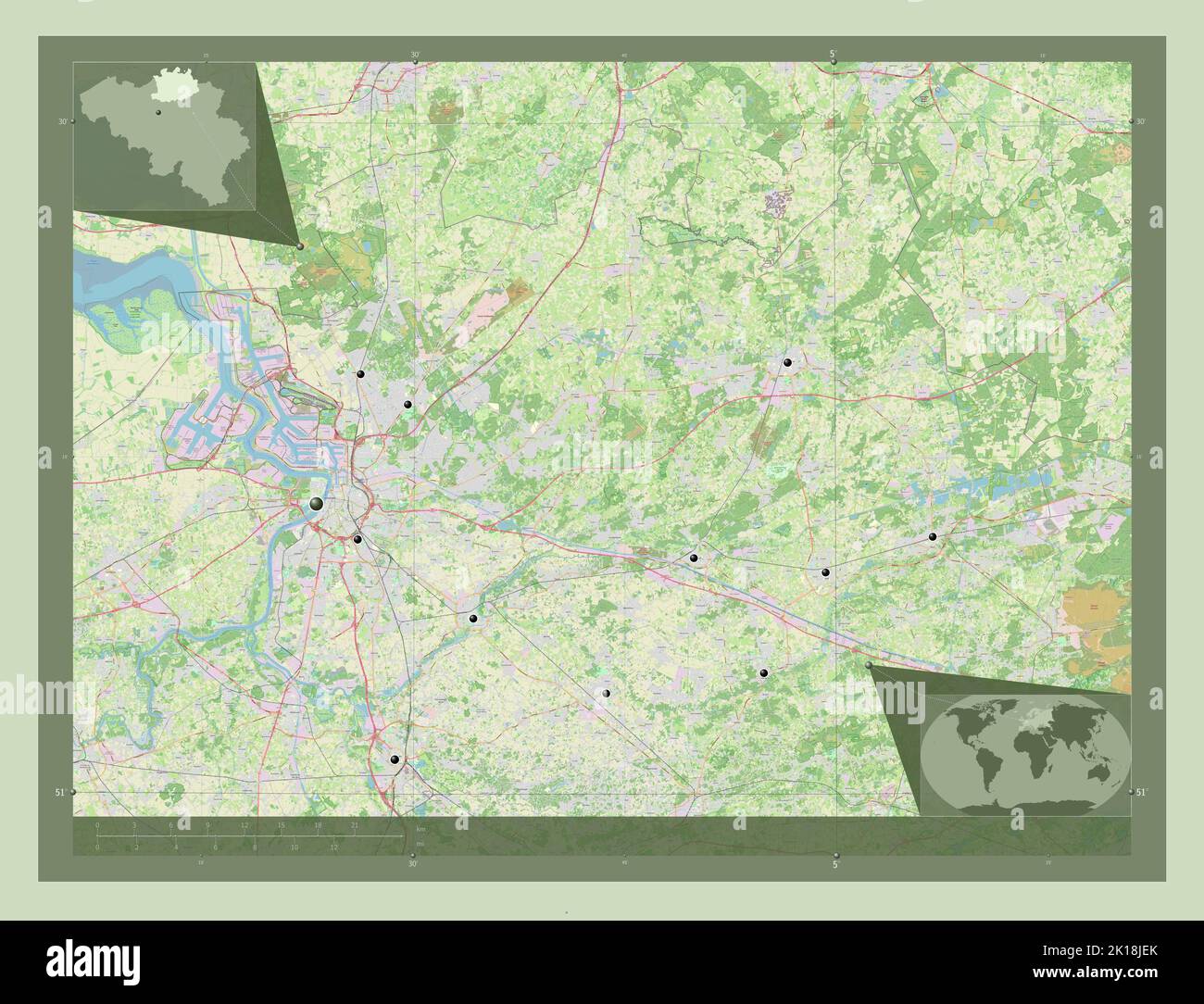 Antwerpen, province of Belgium. Open Street Map. Locations of major ...