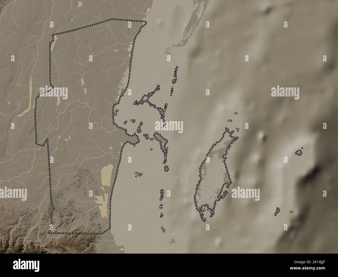 Belize, district of Belize. Elevation map colored in sepia tones with ...