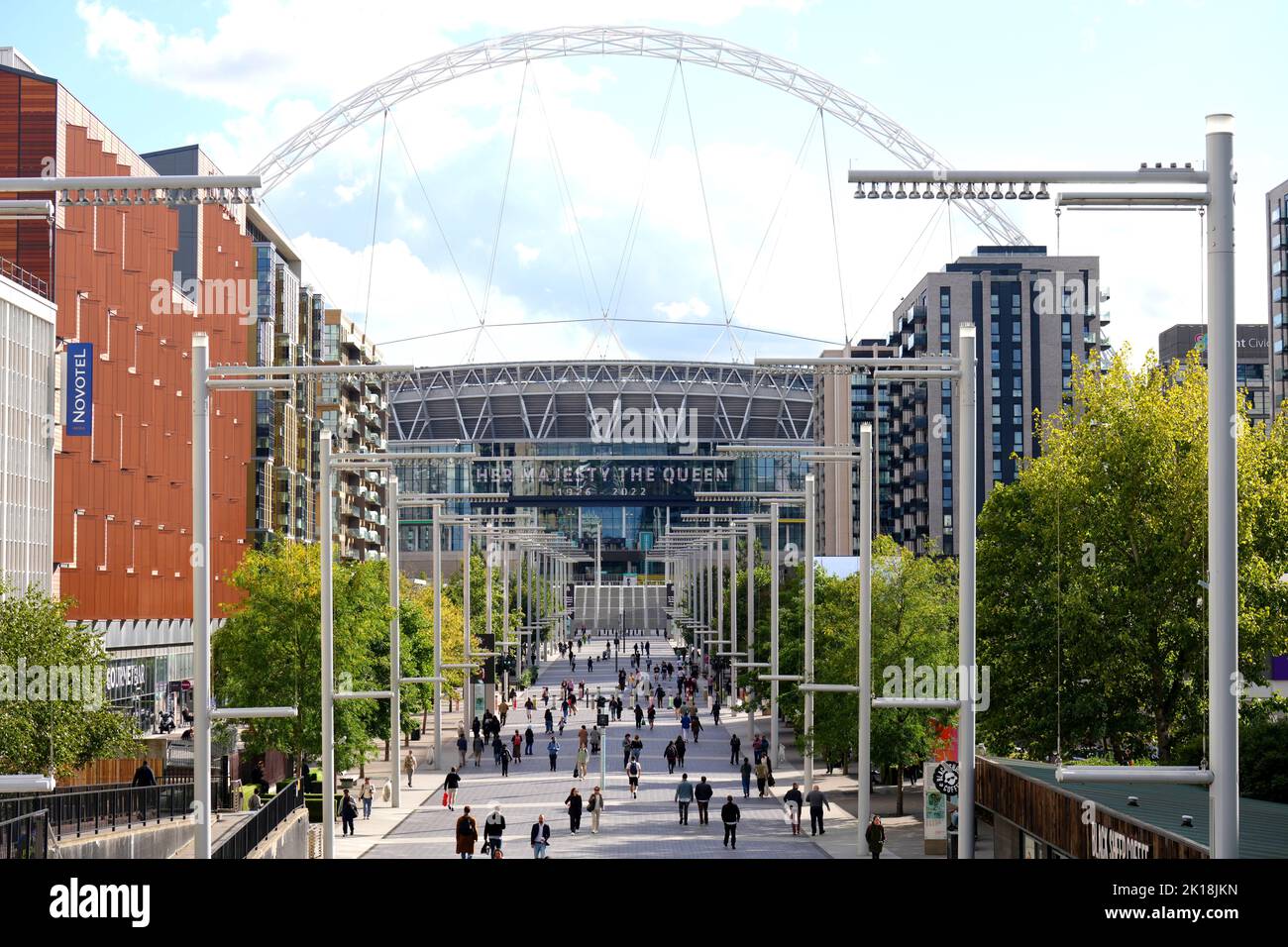 A tribute to Queen Elizabeth II is displayed at Wembley Stadium, London ...