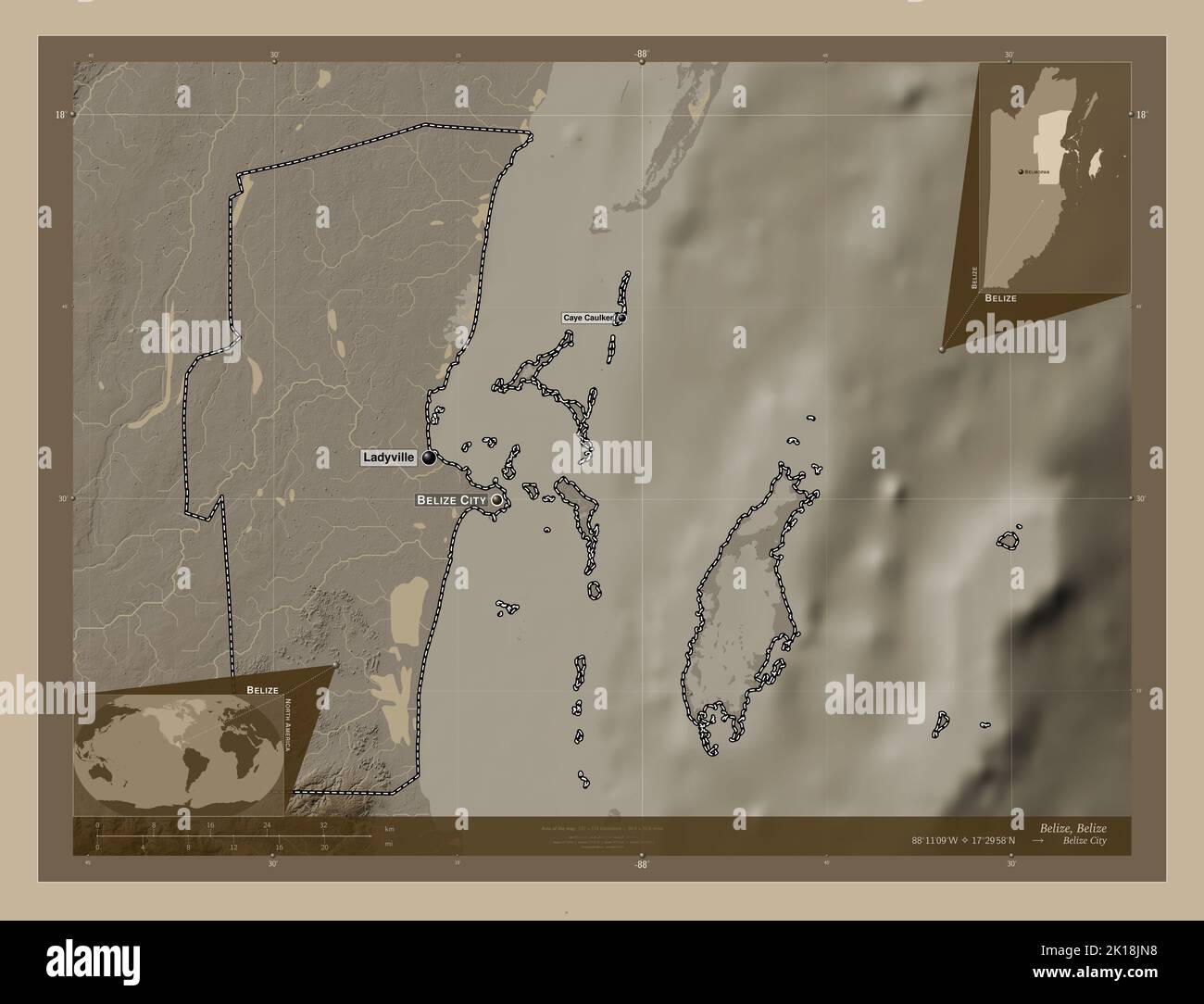 Belize, district of Belize. Elevation map colored in sepia tones with ...