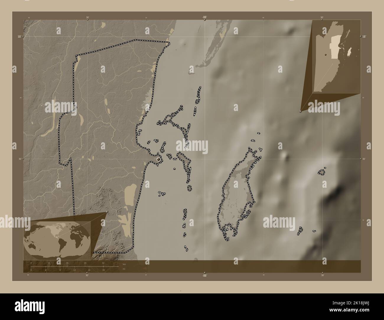 Belize, district of Belize. Elevation map colored in sepia tones with ...