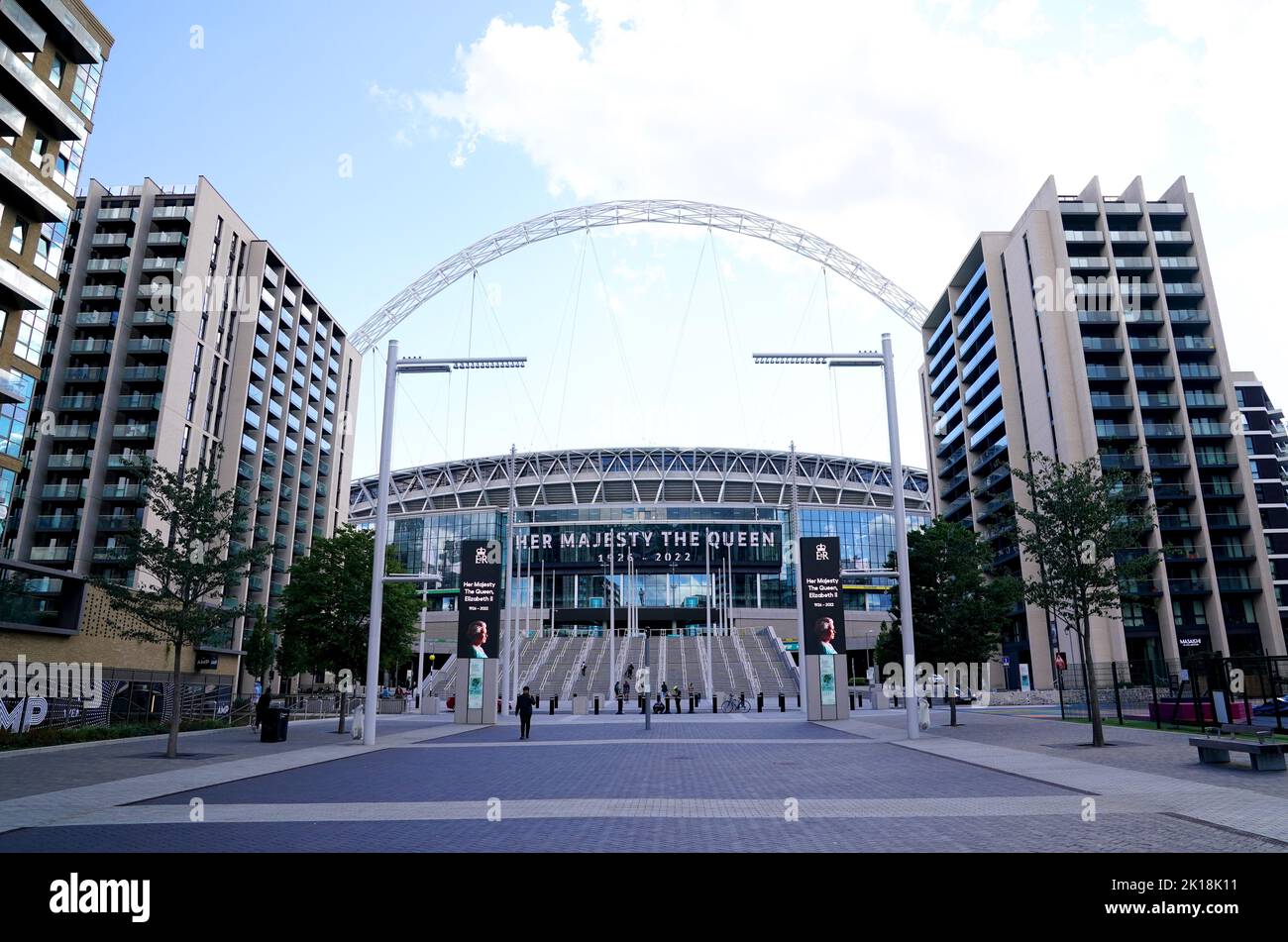 Tributes to Queen Elizabeth II are displayed at Wembley Stadium, London ...