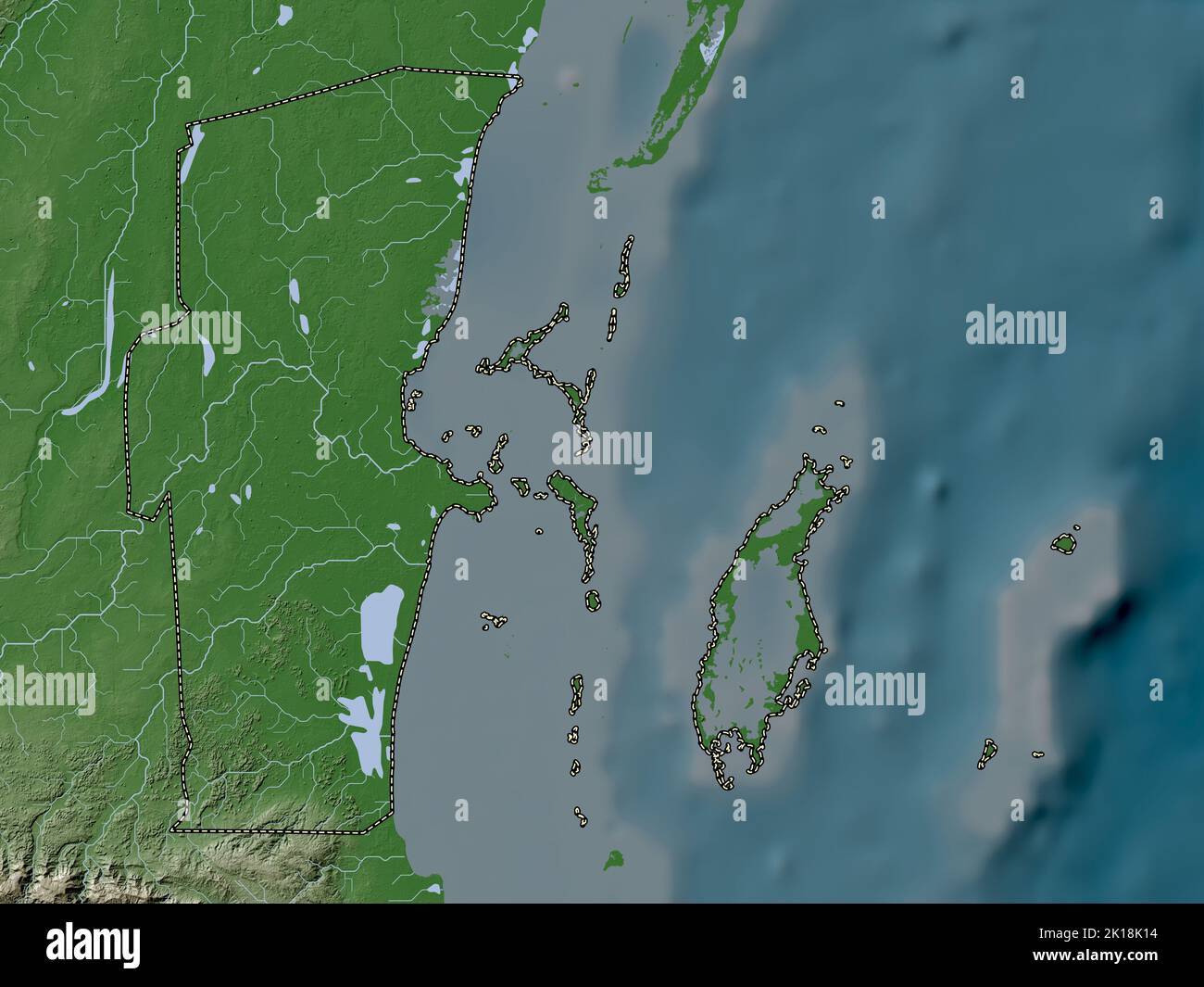 Belize, district of Belize. Elevation map colored in wiki style with lakes and rivers Stock ...