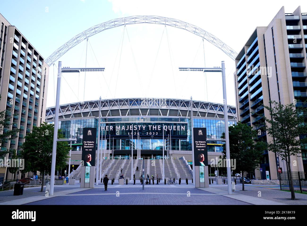 Tributes to Queen Elizabeth II are displayed at Wembley Stadium, London ...