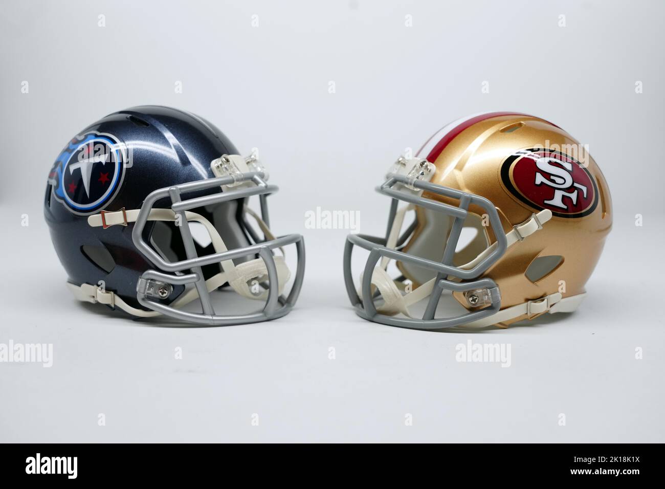 Tennessee Titans and San Francisco 49ers helmets, Tuesday, March 22 ...