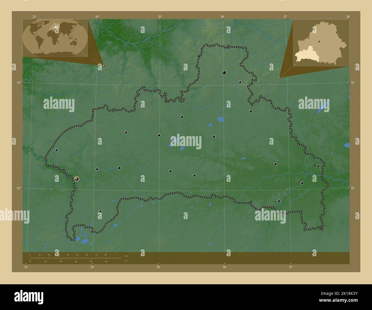 Brest, region of Belarus. Colored elevation map with lakes and rivers ...
