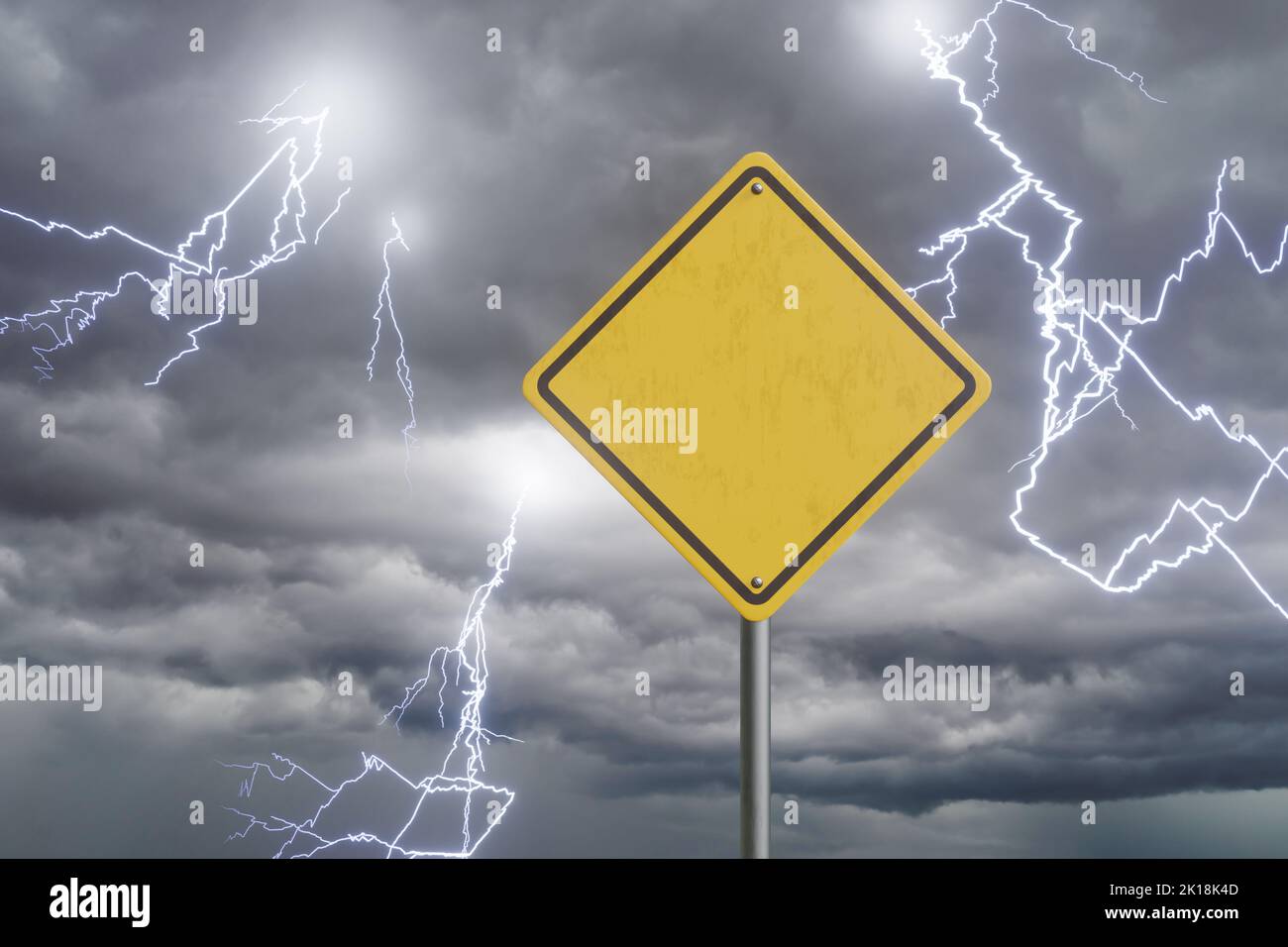 Diamond shaped yellow road sign under thunderstorm. Illustration as a ...