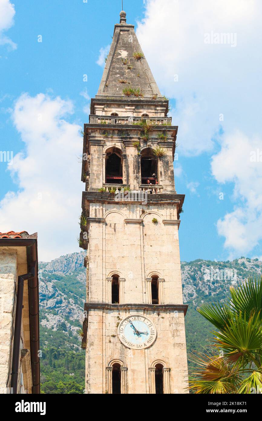 Beautiful summer landscape with the historic town of Perast. A detailed ...
