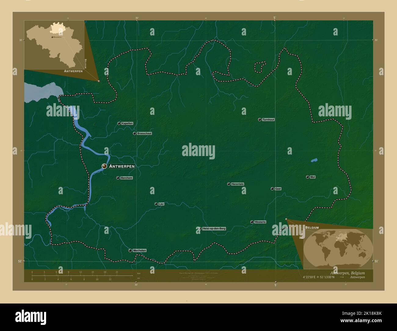 Antwerpen, province of Belgium. Colored elevation map with lakes and ...