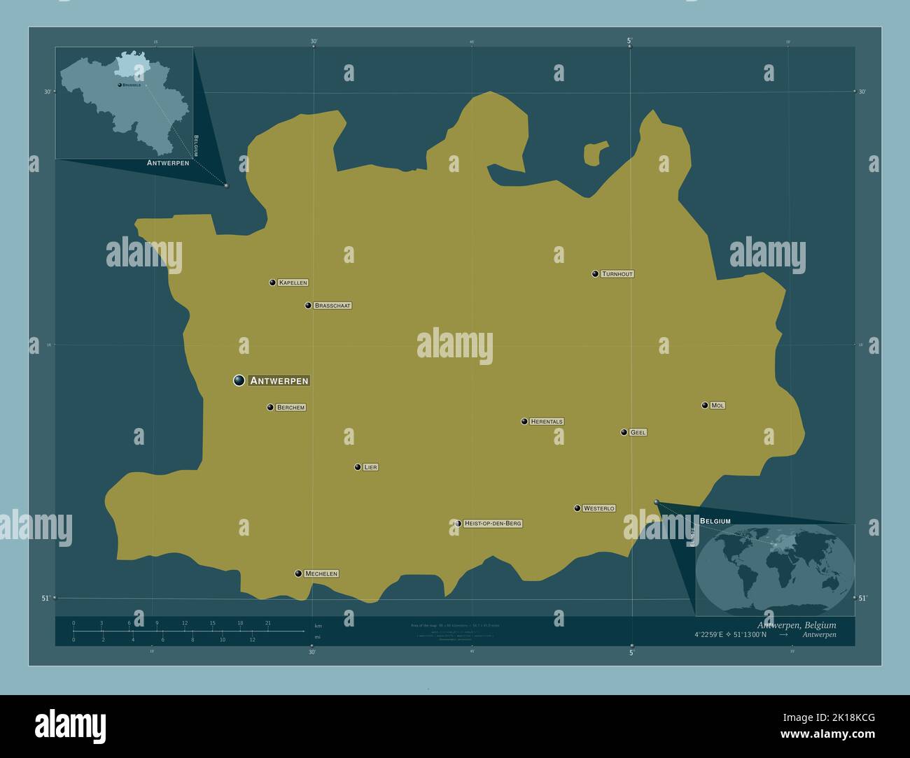 Antwerpen, province of Belgium. Solid color shape. Locations and names ...