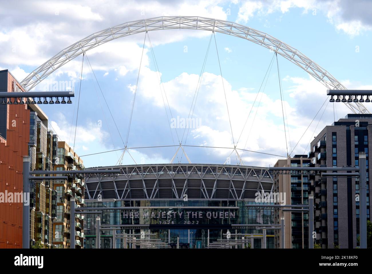 A tribute to Queen Elizabeth II is displayed at Wembley Stadium, London ...