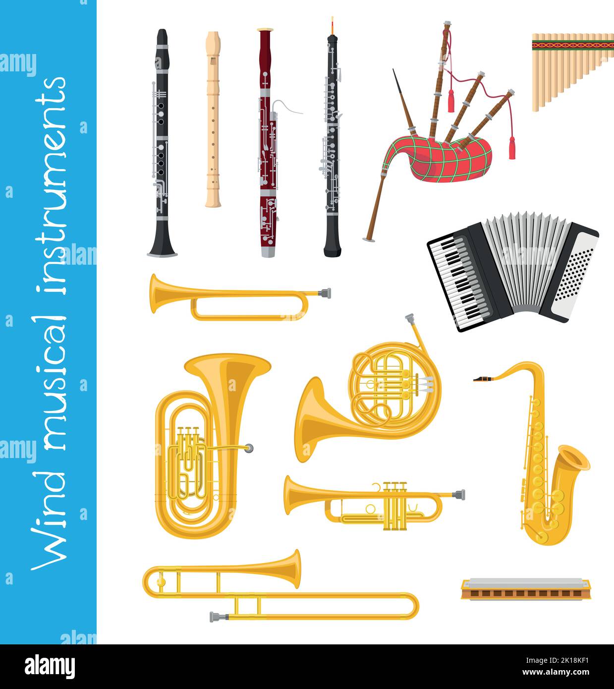 Vector illustration set of wind musical instruments in cartoon style ...