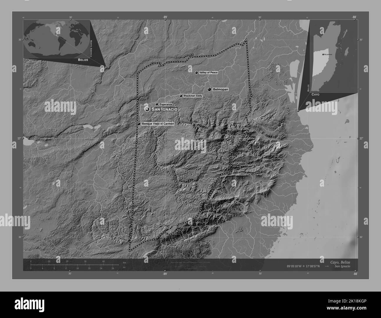 Cayo, district of Belize. Bilevel elevation map with lakes and rivers ...
