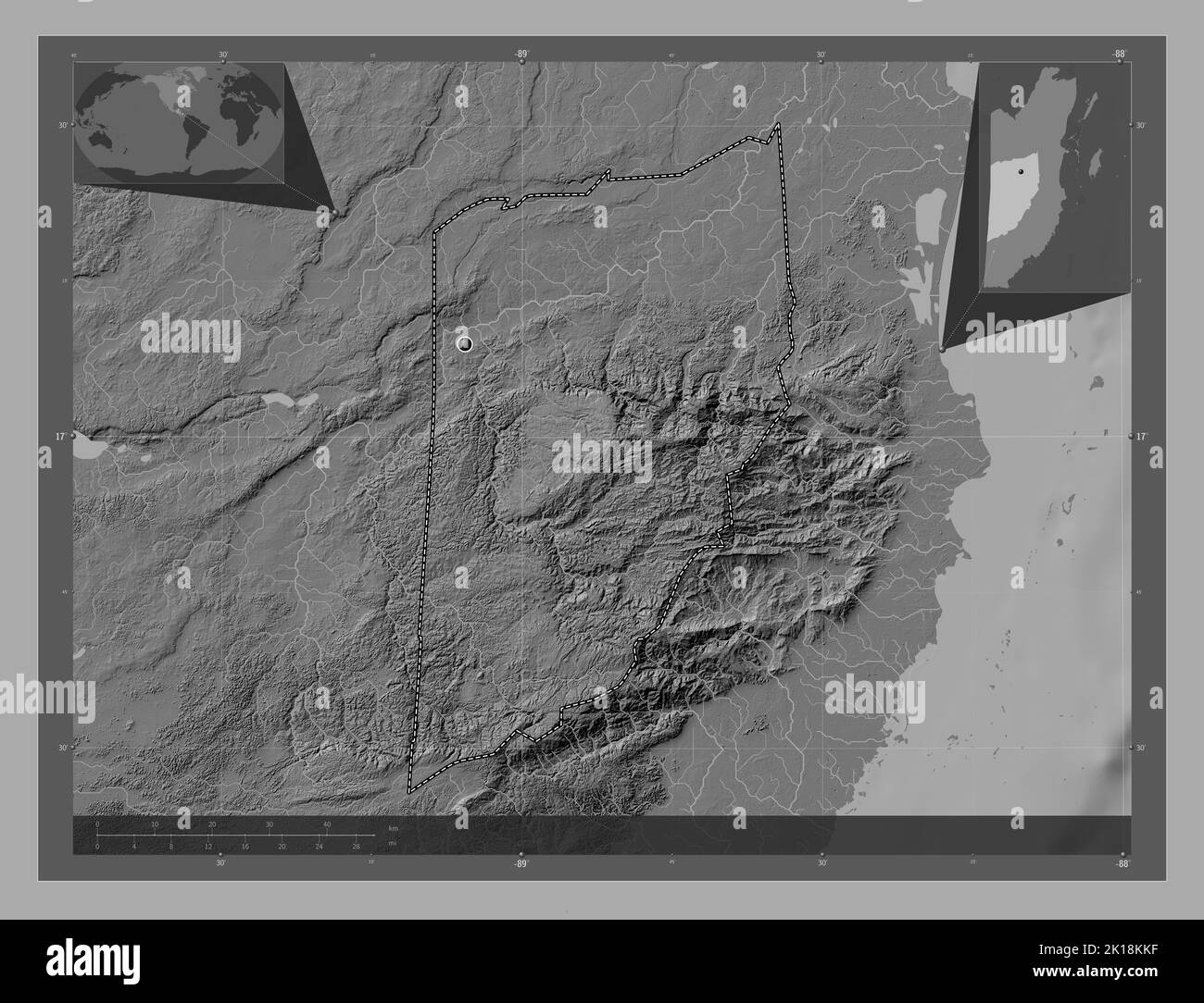 Cayo, district of Belize. Bilevel elevation map with lakes and rivers ...