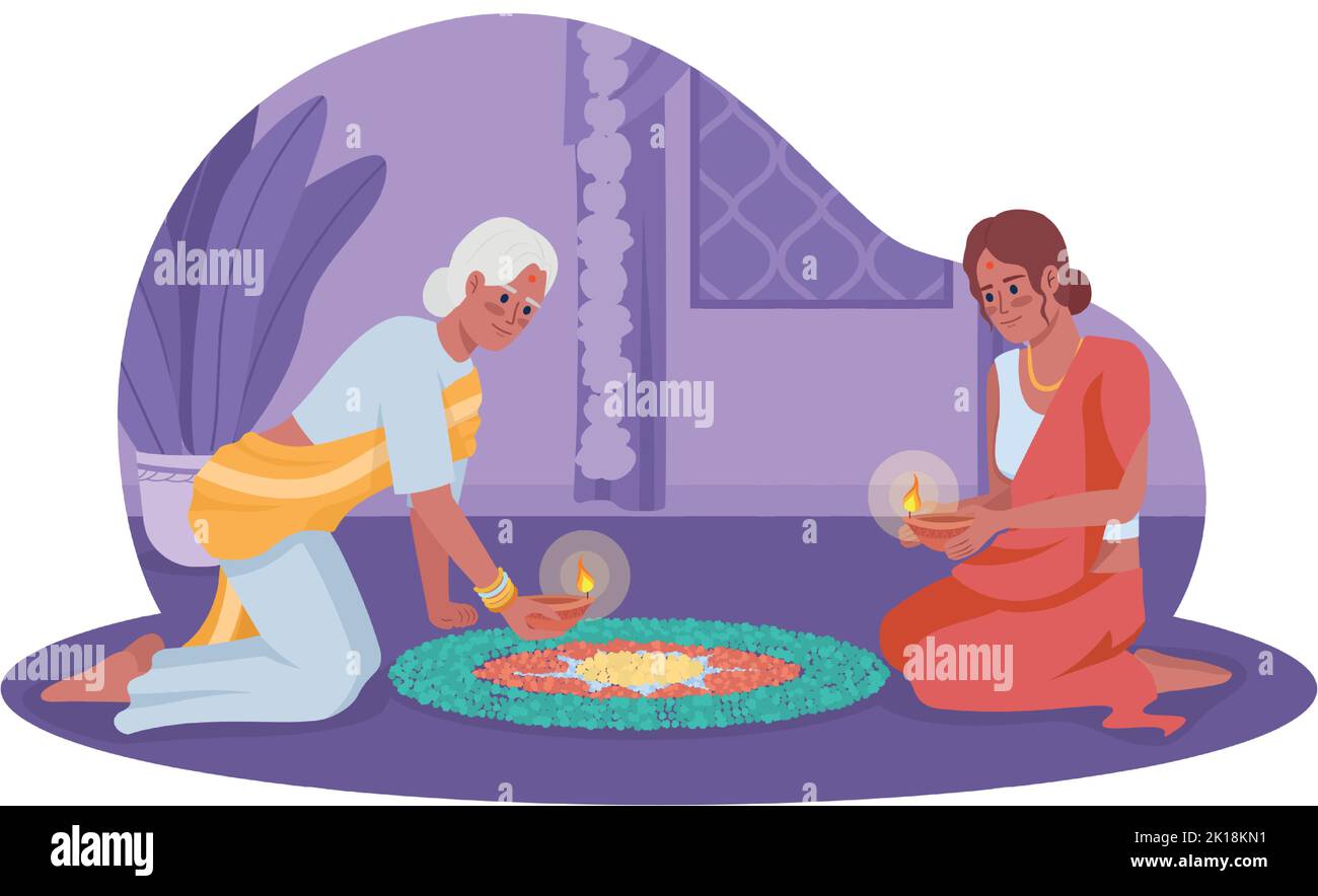 Women with oil lamps celebration Diwali 2D vector isolated illustration ...