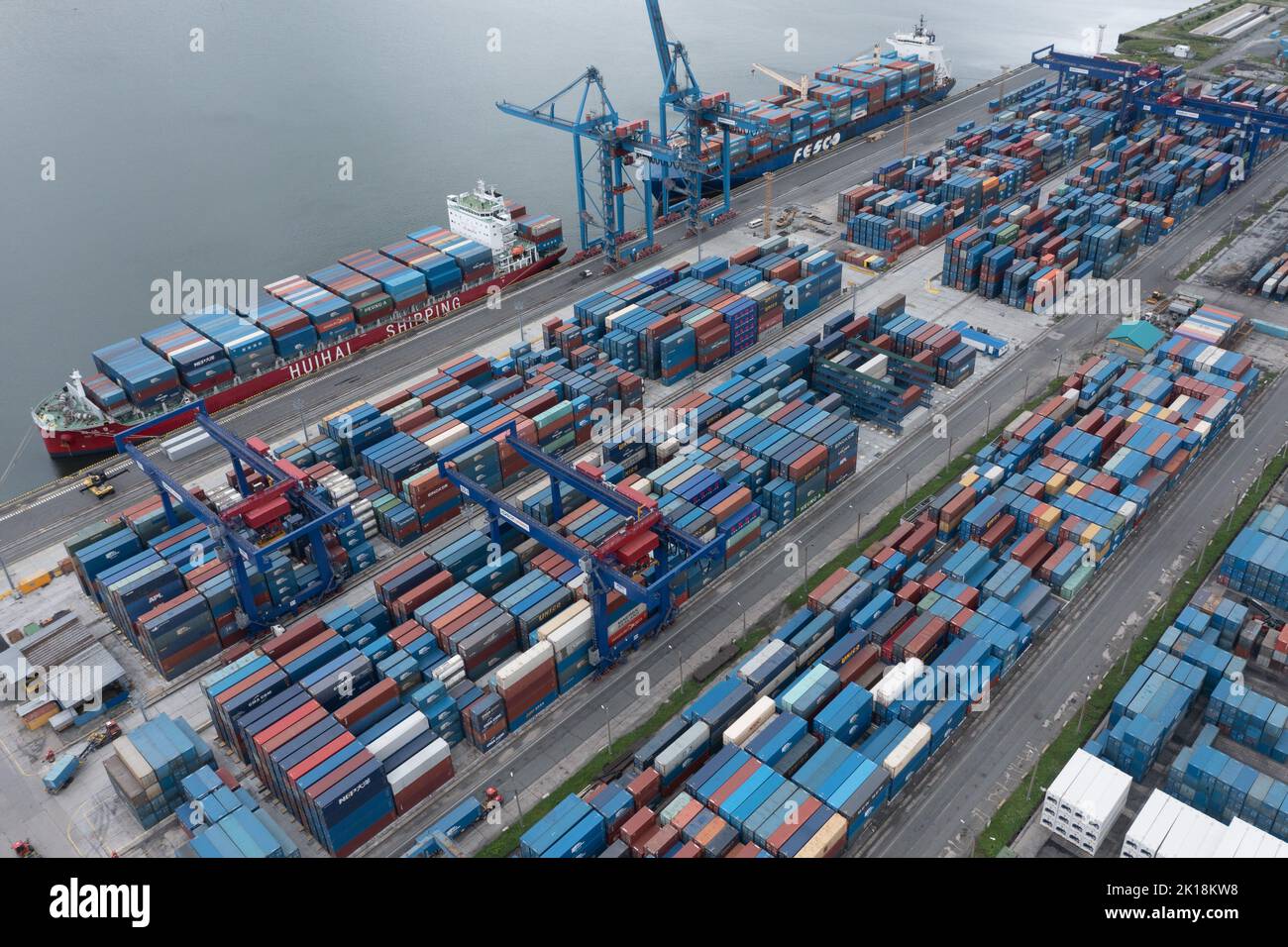 Nakhodka, Russia - August 5, 2022: Stacks of containers and sea ships ...