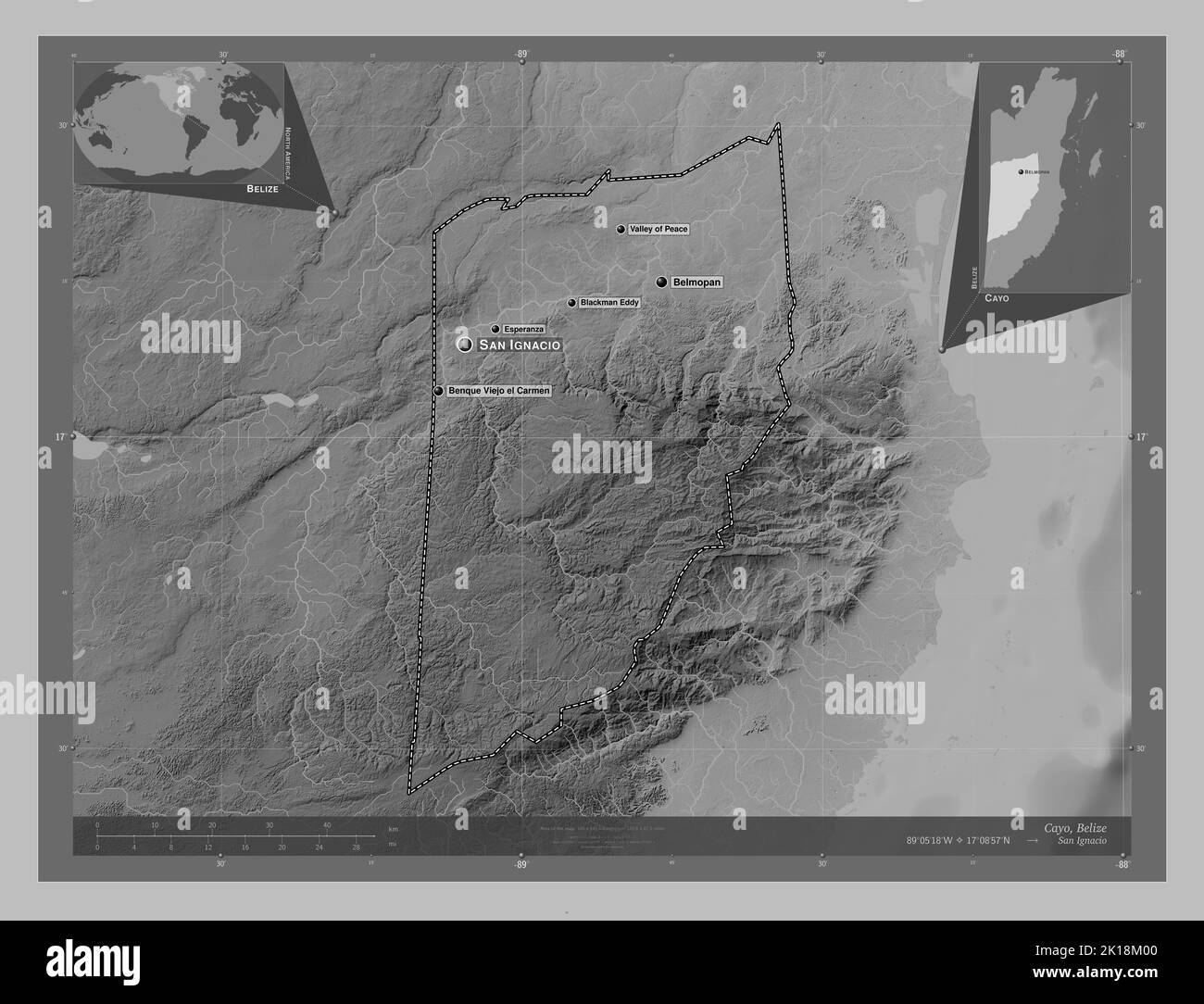 Cayo, district of Belize. Grayscale elevation map with lakes and rivers ...