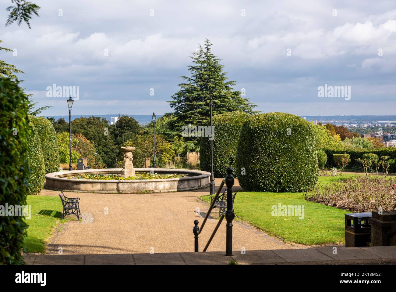Formal Rose garden with a water fountain in Alexandra Palace gardens ...