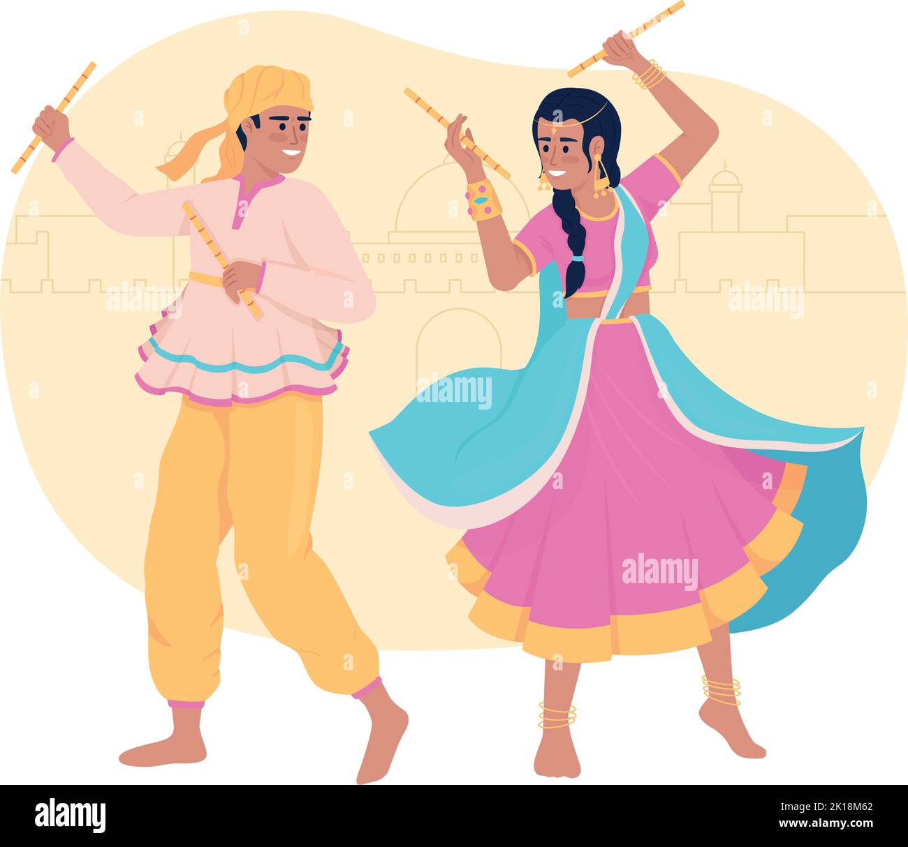 Garba dance with sticks on Diwali 2D vector isolated illustration Stock ... Garba dance with sticks on Diwali 2D vector isolated illustration Stock ...