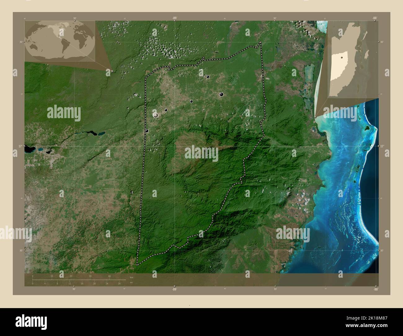 Cayo, district of Belize. High resolution satellite map. Locations of ...