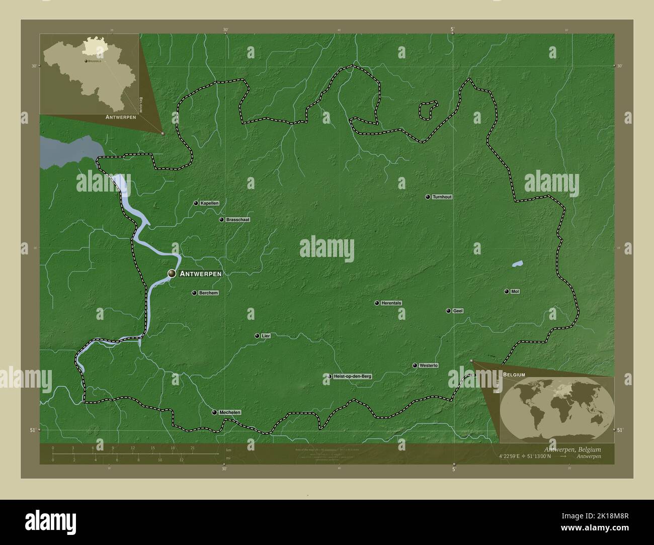 Antwerpen, province of Belgium. Elevation map colored in wiki style ...
