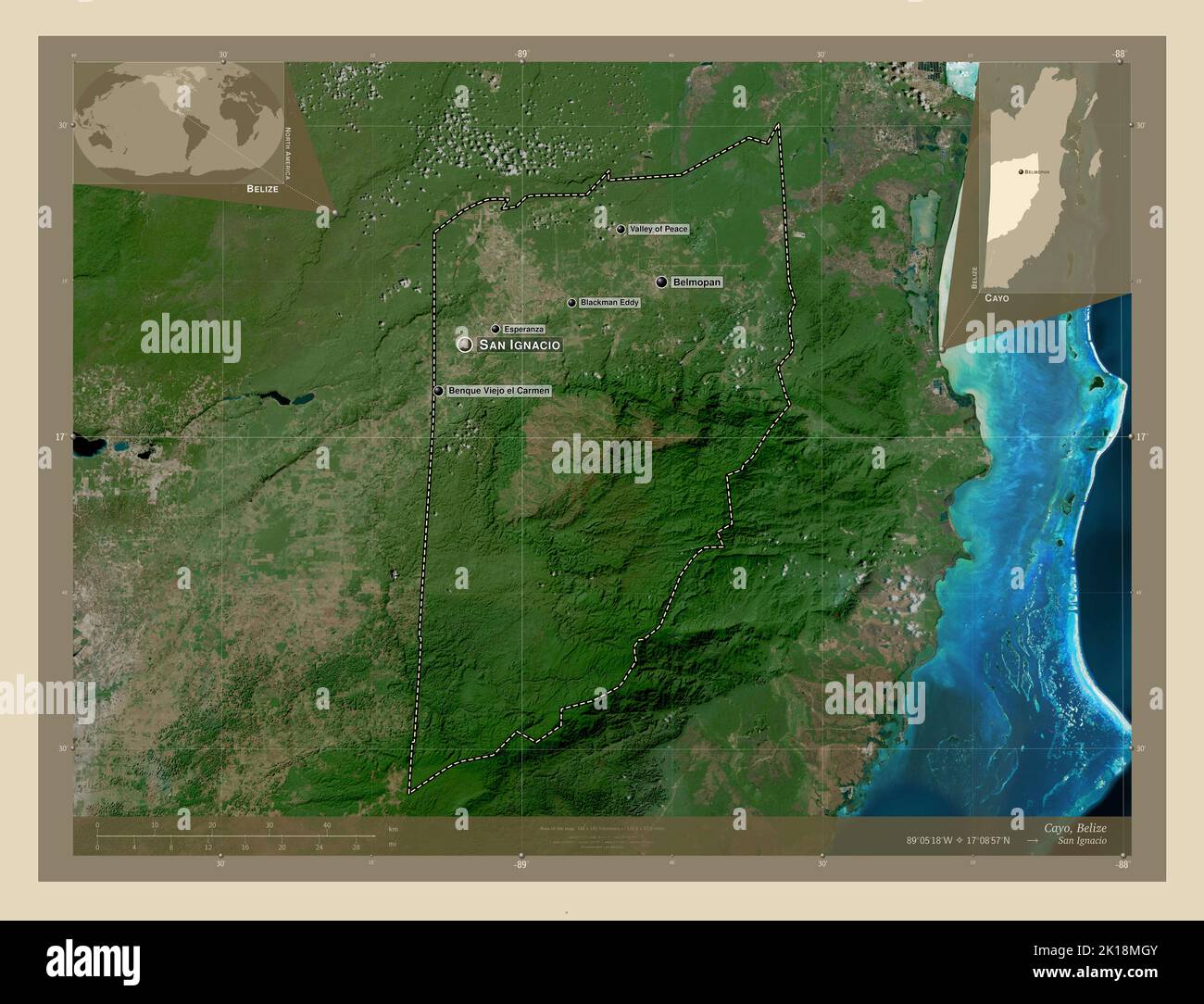 Cayo, district of Belize. High resolution satellite map. Locations and ...