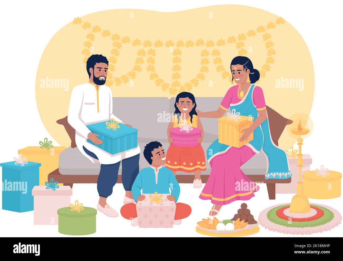 Exchange gifts tradition on Diwali 2D vector isolated illustration ... Exchange gifts tradition on Diwali 2D vector isolated illustration ...