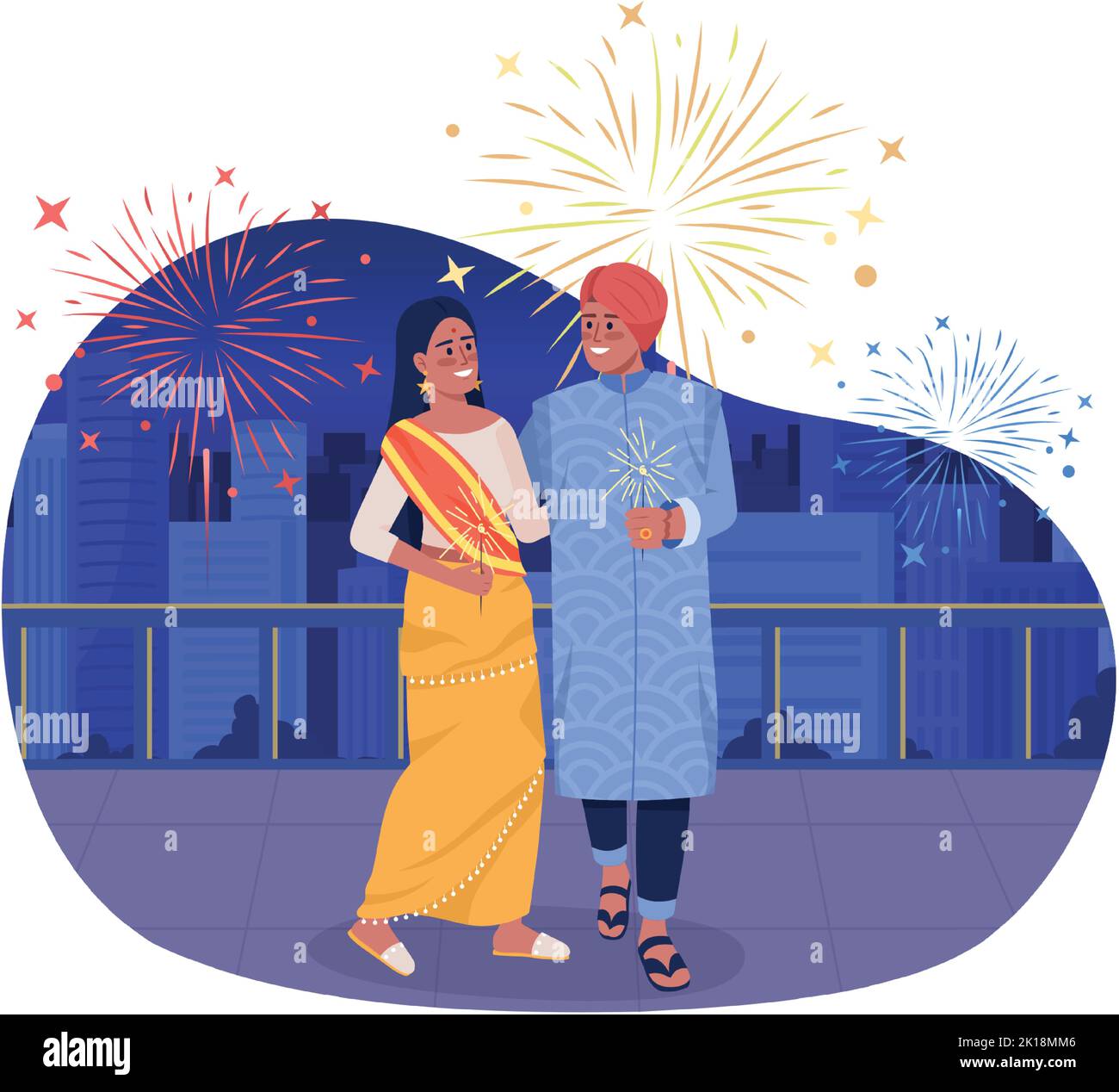 Happy couple with sparkling lights on Diwali 2D vector isolated ...