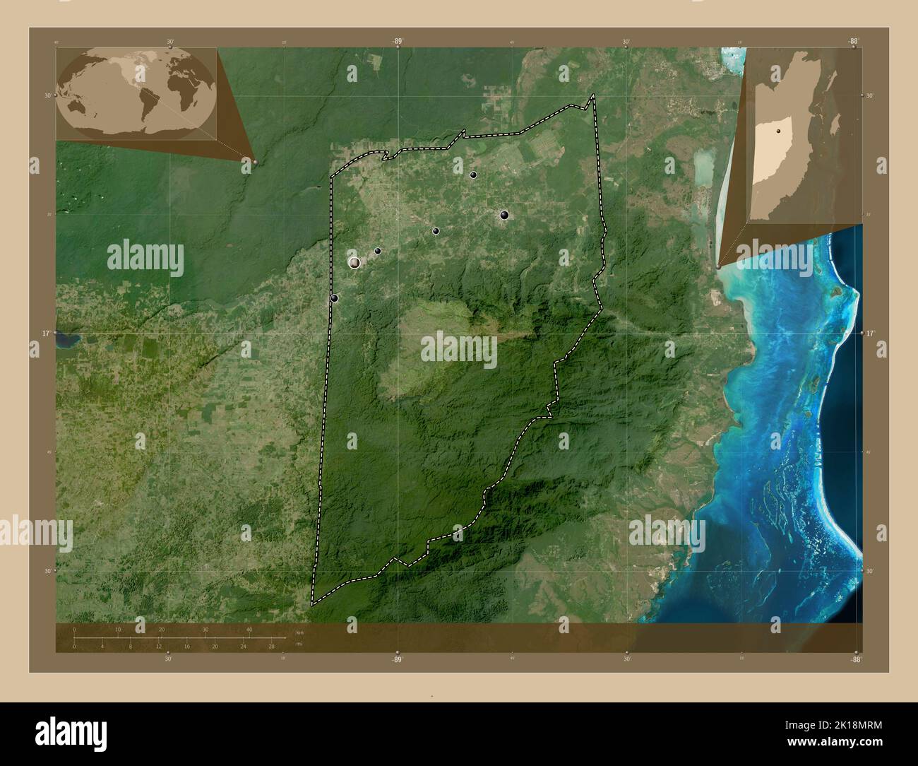 Cayo, district of Belize. Low resolution satellite map. Locations of ...
