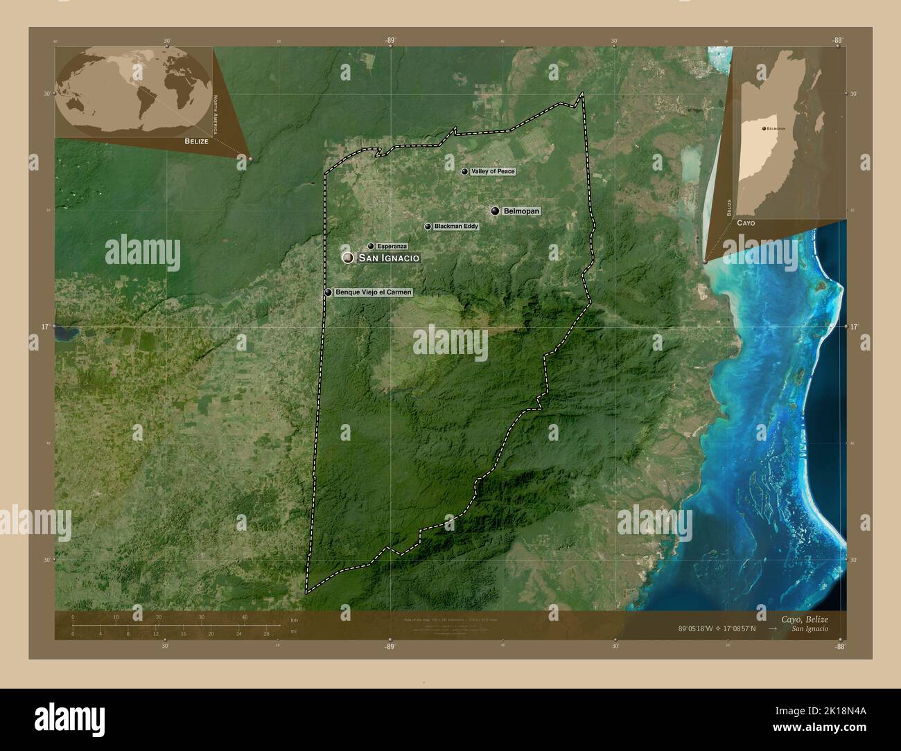 Cayo, district of Belize. Low resolution satellite map. Locations and ...