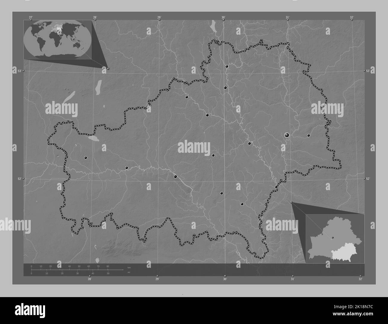 Homyel', region of Belarus. Grayscale elevation map with lakes and ...