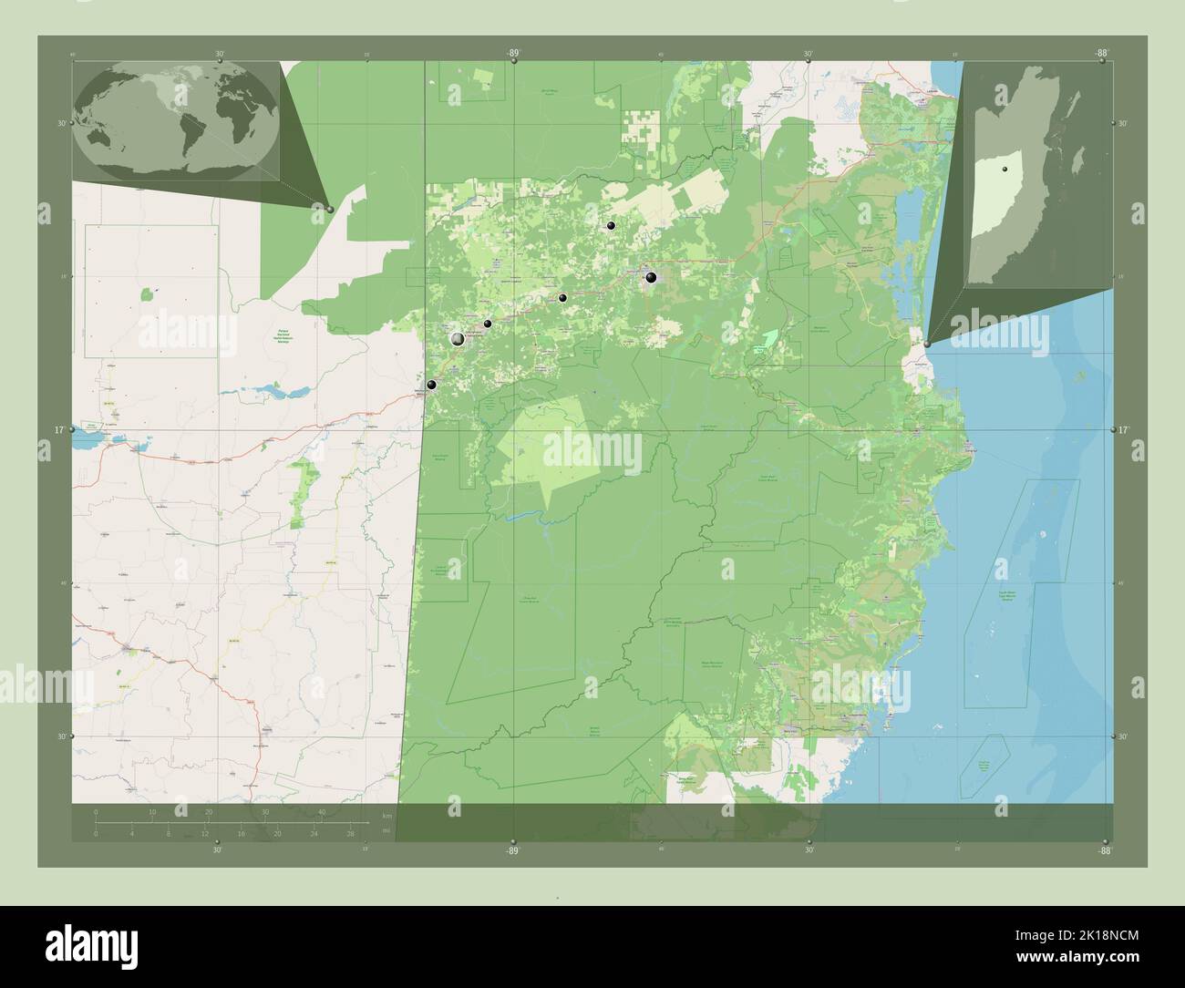 Cayo, district of Belize. Open Street Map. Locations of major cities of ...