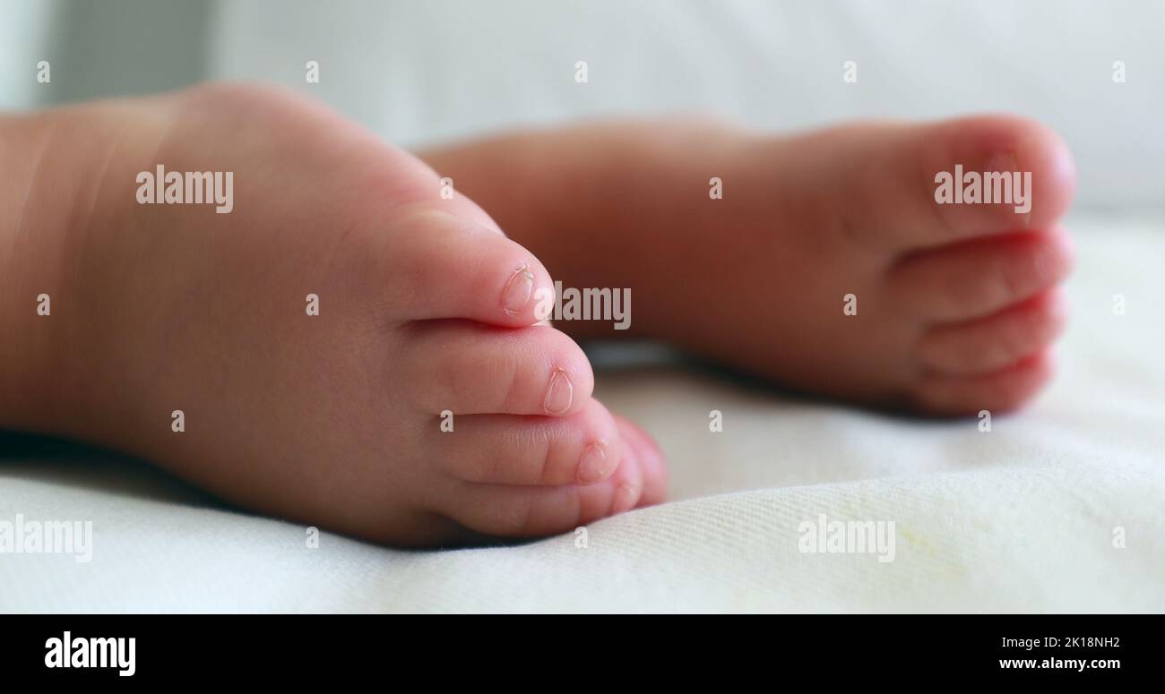 Baby feet and toes close-up while sleeping. One year old toddler infant ...