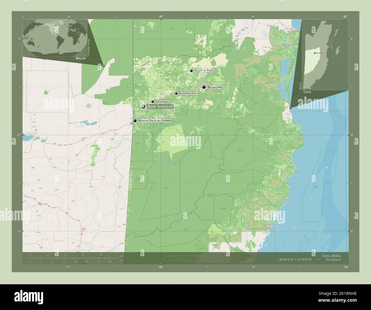Cayo, district of Belize. Open Street Map. Locations and names of major ...