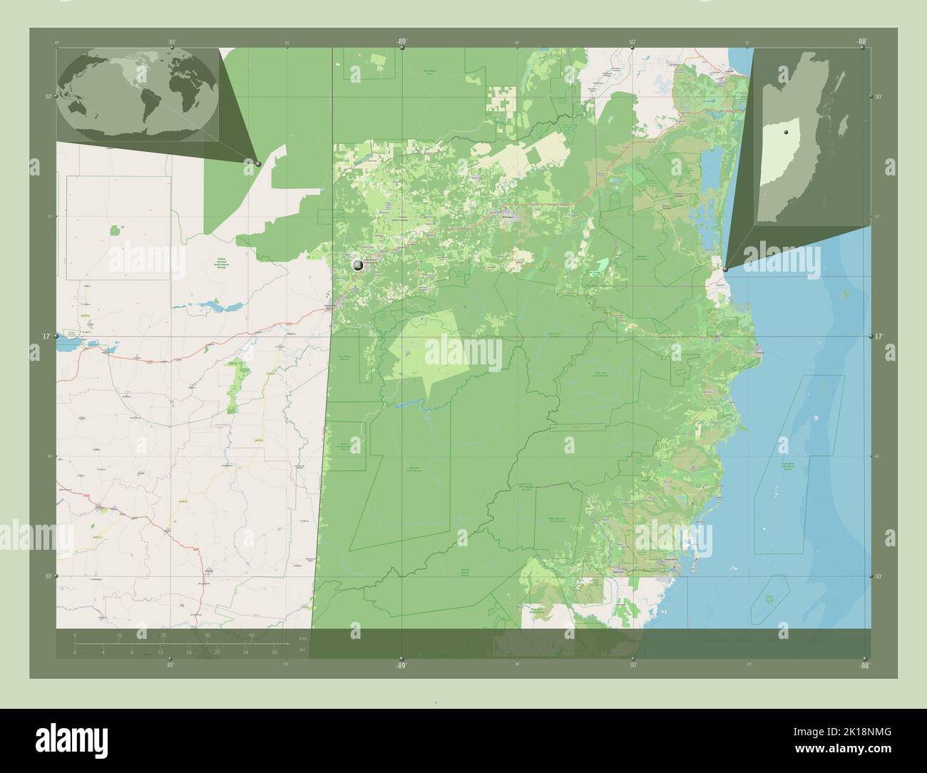 Cayo, district of Belize. Open Street Map. Corner auxiliary location ...