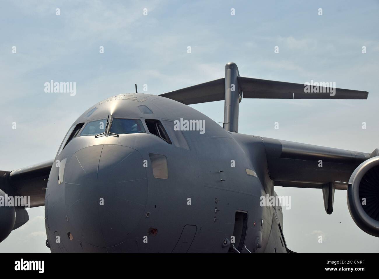 Heavy air force transport airplane nose view closeup Stock Photo - Alamy