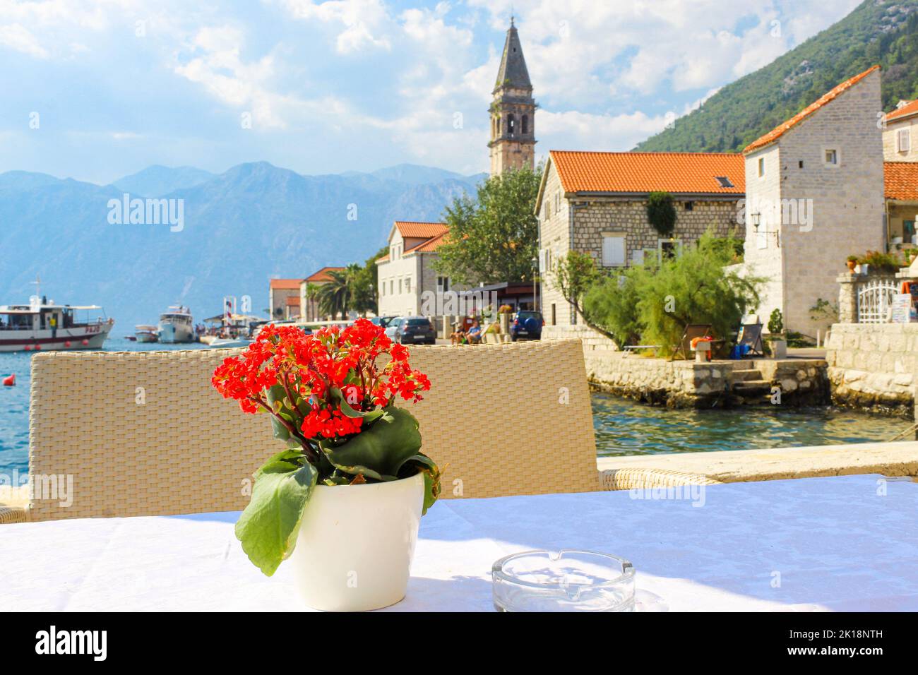 Scenic panorama view of the historic town of Perast at famous Bay of ...