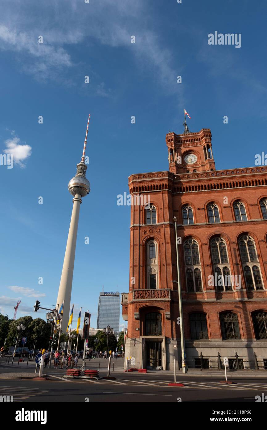 Berliner Fernsehturm (Berlin TV tower) and Rotes Rathaus (Red City Hall ...