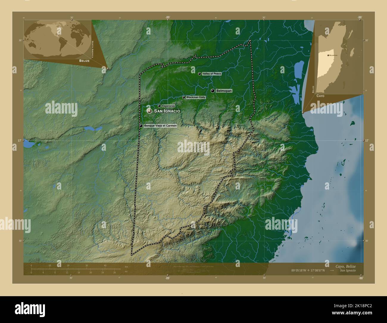 Cayo, district of Belize. Colored elevation map with lakes and rivers ...