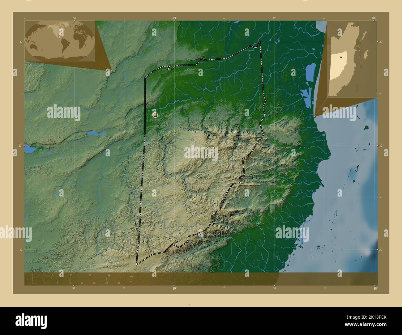 Cayo, district of Belize. Colored elevation map with lakes and rivers ...