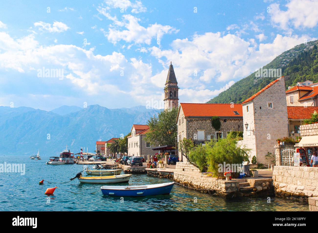 Scenic panorama view of the historic town of Perast at famous Bay of ...