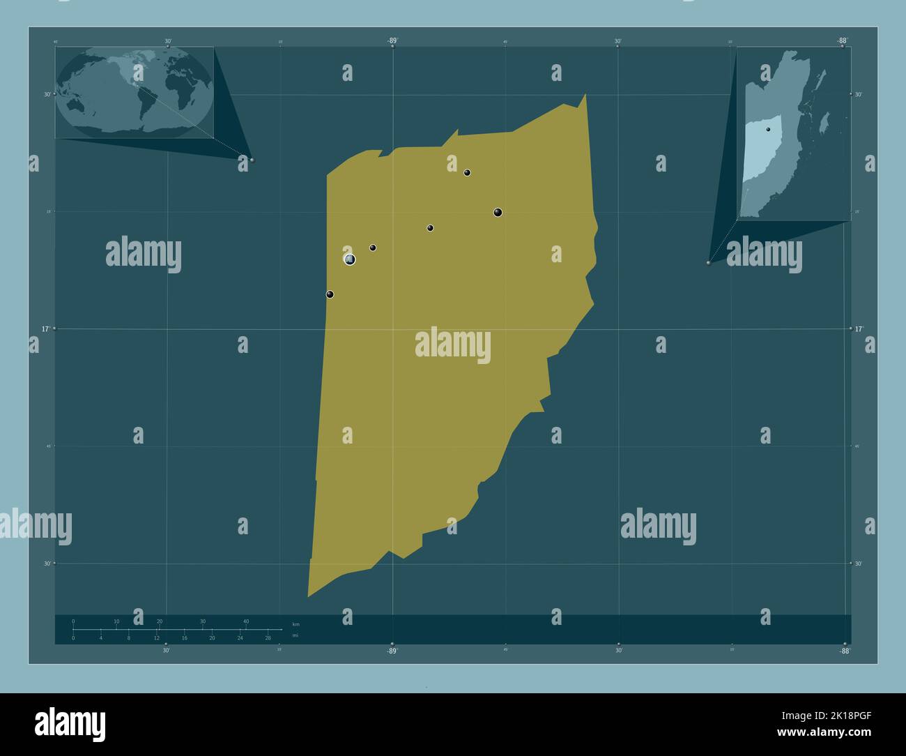 Cayo, district of Belize. Solid color shape. Locations of major cities of the region. Corner ...