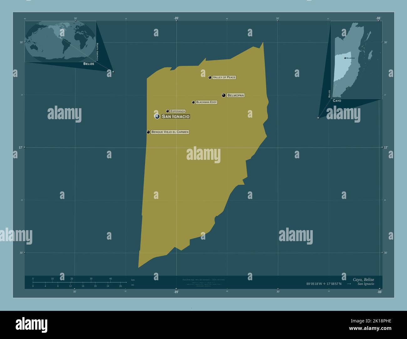 Cayo, district of Belize. Solid color shape. Locations and names of ...