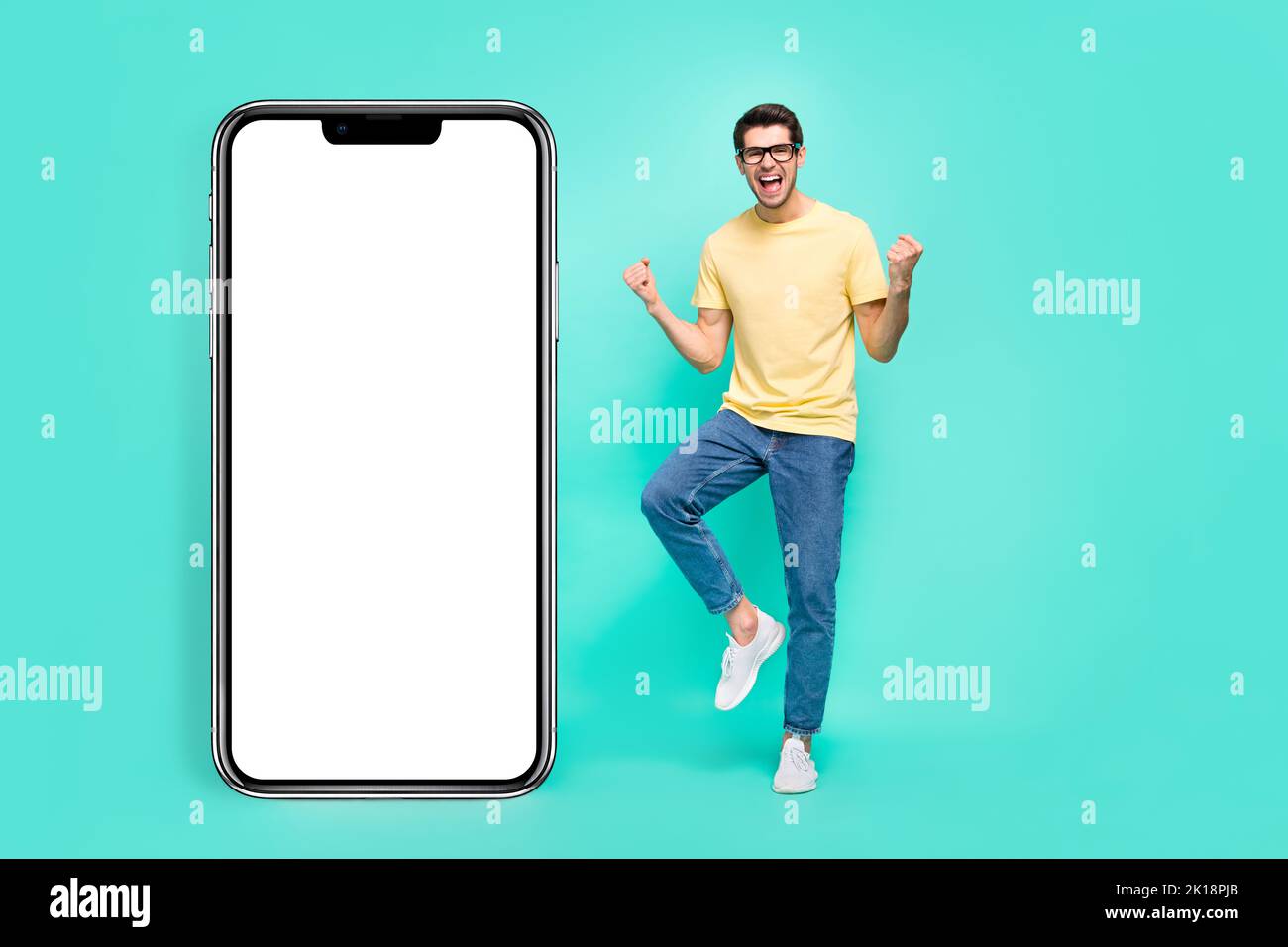 Full size photo of funny brunet guy yell wear eyewear t-shirt jeans ...