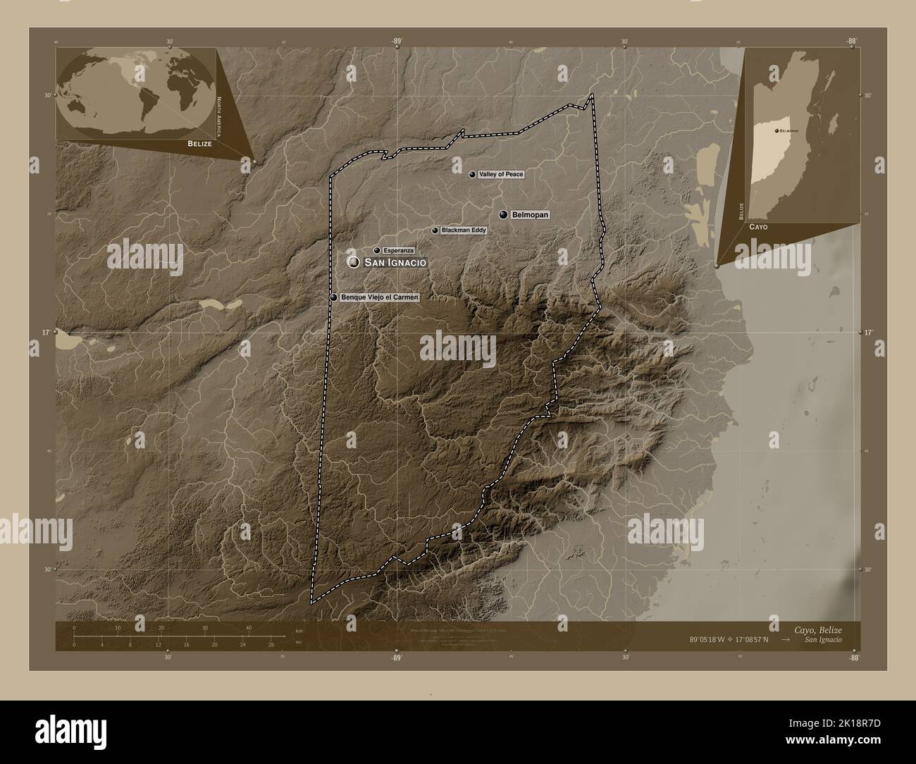 Cayo, district of Belize. Elevation map colored in sepia tones with ...
