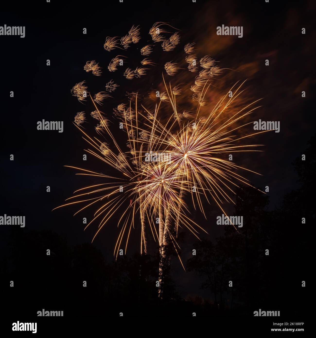 Yellow fireworks exploding with streaks and small puffs in the sky ...