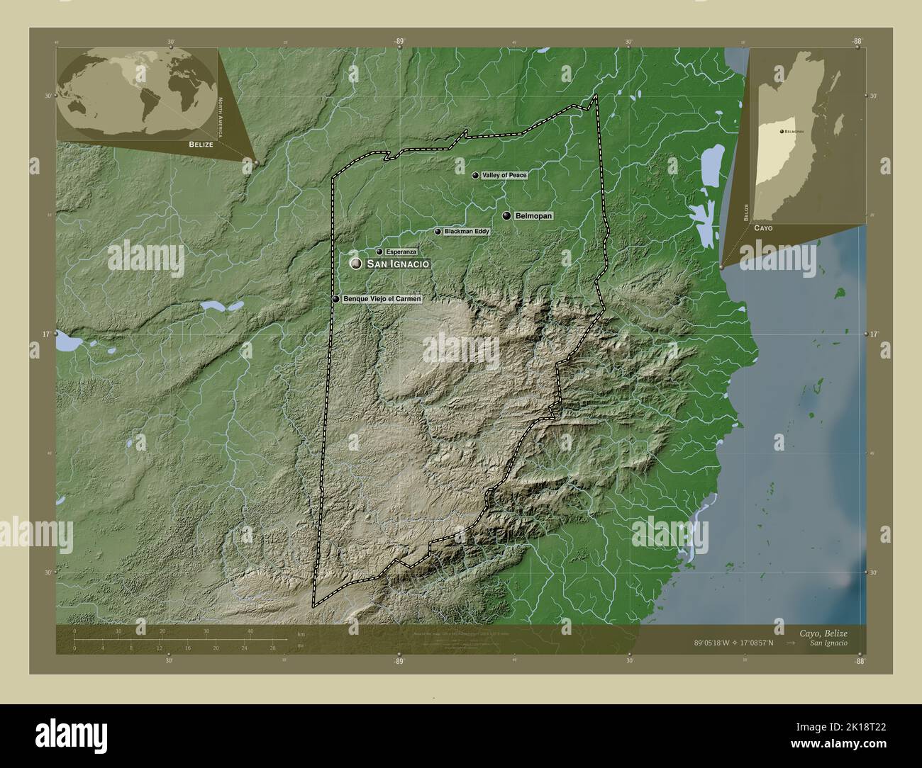 Cayo, district of Belize. Elevation map colored in wiki style with ...