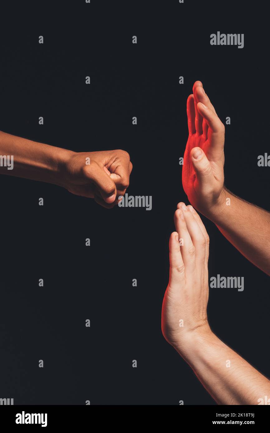 Black lives matter. Races fights. African male fist threatening white ...